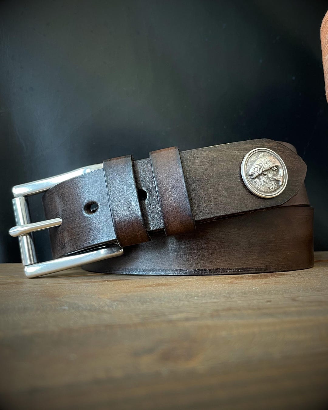 Handmade Full Grain Leather Fishing Belt: Chocolate Brown With Silver ...