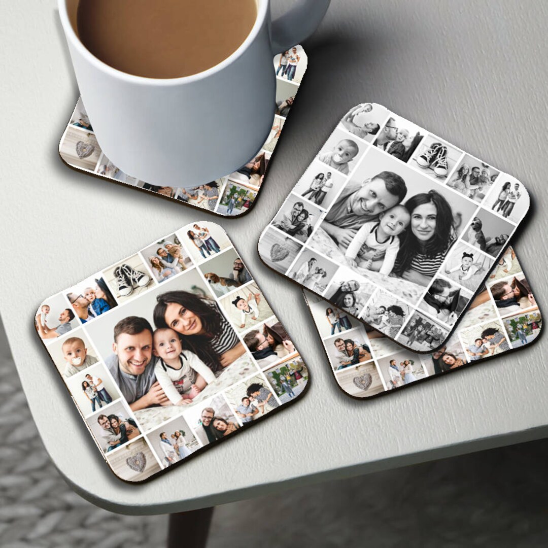 Custom Photo Collage Cup Coasters, Personalised High Gloss Square Drink ...