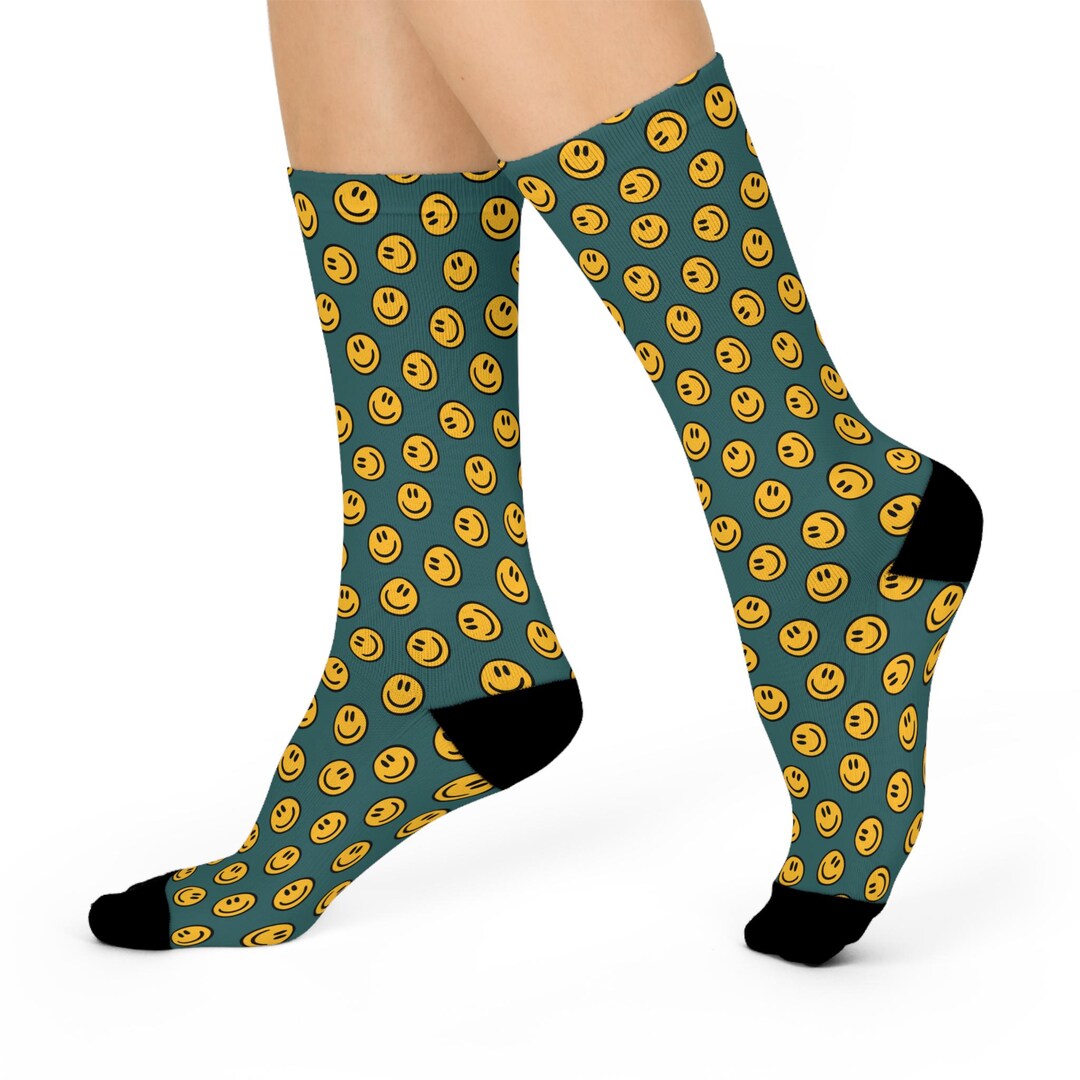Transformative Teal Smiley Pattern Crew Socks, Retro Vibe Socks, Fun ...