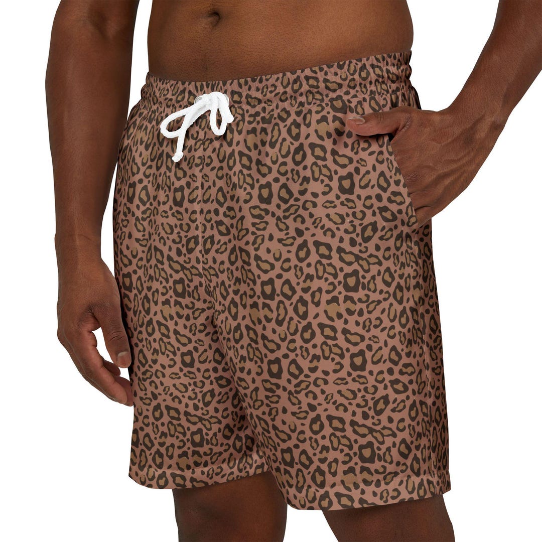 Mocha Mousse Leopard Swim Shorts - Safari-inspired Unisex Trunks, Quick ...