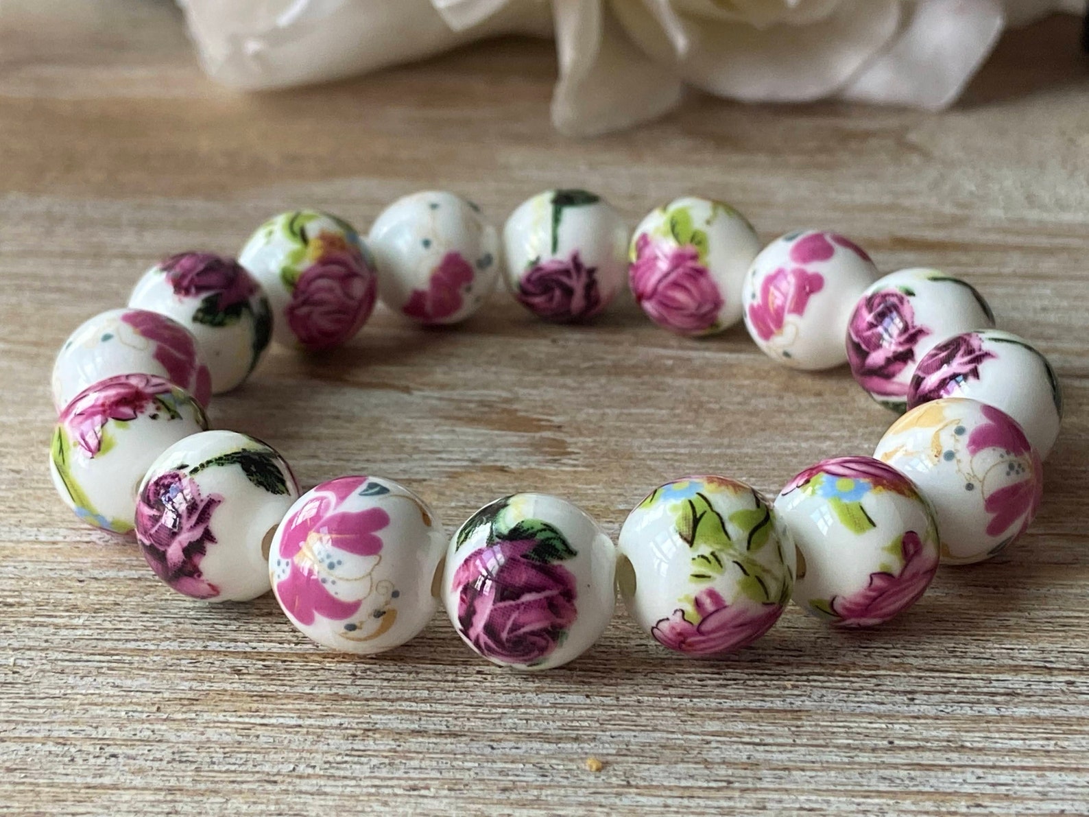 Flower Beaded Bracelet, Ceramic Flower Bracelet, Floral Beaded Bracelet ...