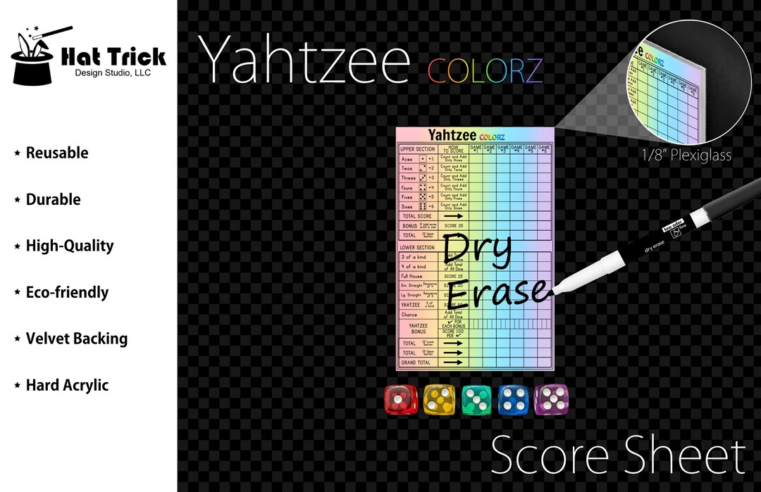 Premium Acrylic Yahtzee Colorz Score Sheet Upgrade, Reusable, Wet Erase ...