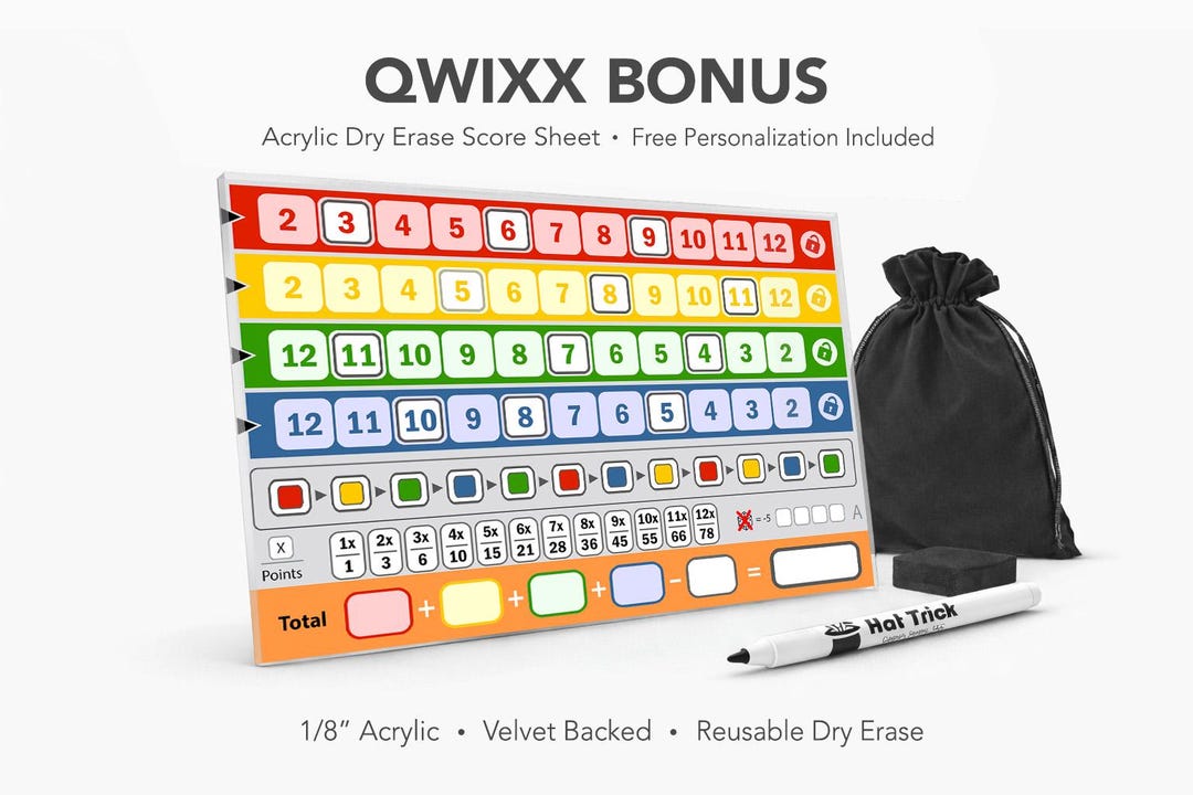 Qwixx Bonus Acrylic Score Sheet – Reusable Dry Erase Board Game Score ...
