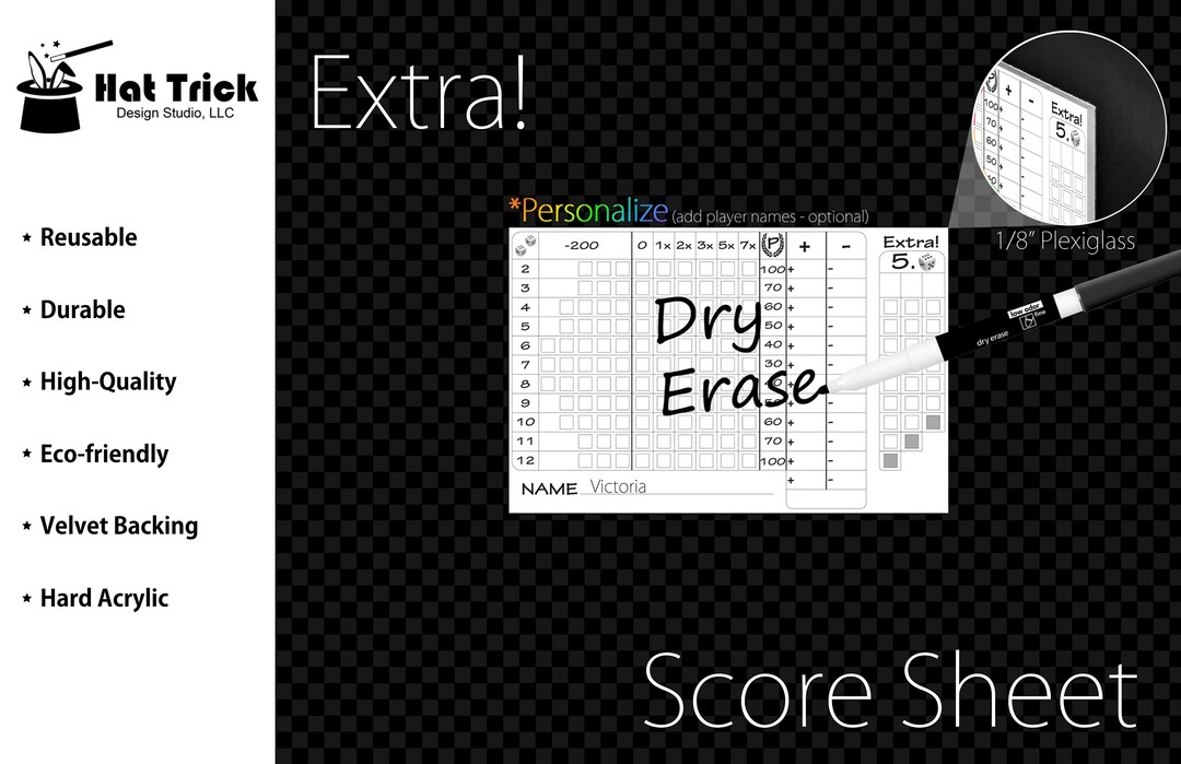 Premium Acrylic Extra! Score Sheet Upgrade, Reusable, Wet Erase and Dry ...