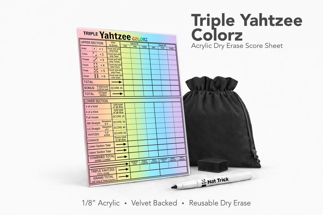 Triple Yahtzee Colorz Score Sheet, Hard Acrylic, Reusable Dry Erase - Etsy