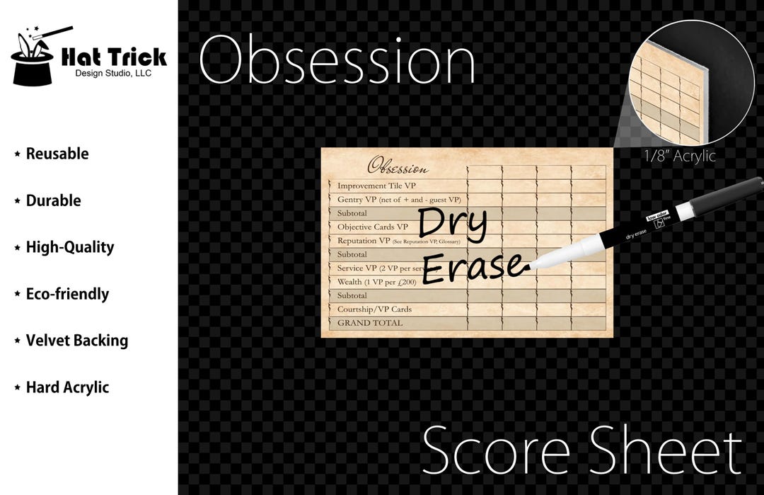 Premium Acrylic Obsession Score Sheet Upgrade, Reusable, Dry Erase - Etsy