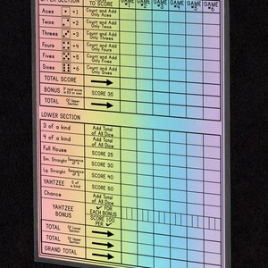 Laminated Yahtzee Colorz Score Sheet, Waterproof, Reusable, Wet Erase ...