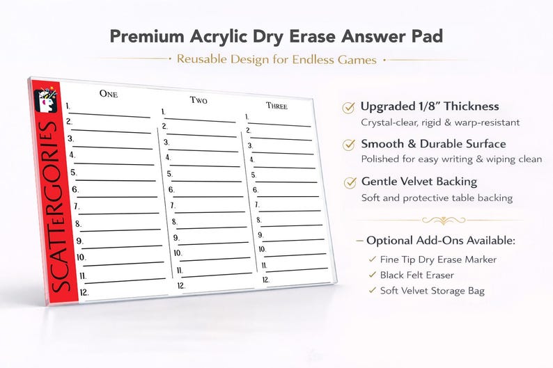 Scattergories Acrylic Score Sheet – Reusable Dry Erase Board Game Score ...
