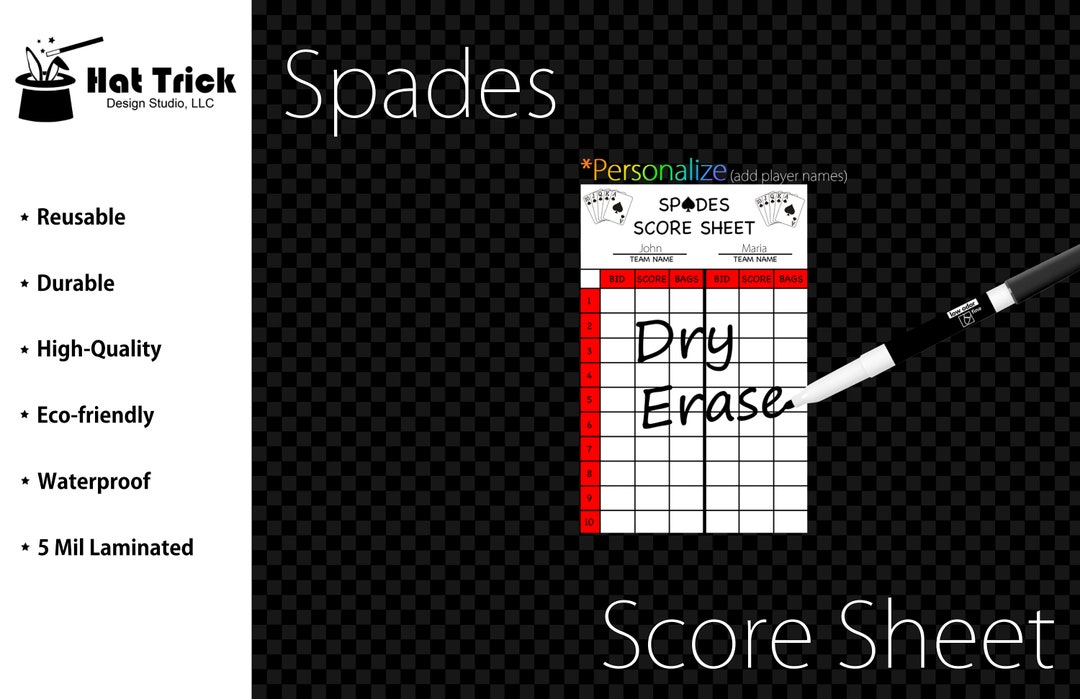 Laminated Spades Score Sheets, Reusable, Wet Erase and Dry Erase - Etsy