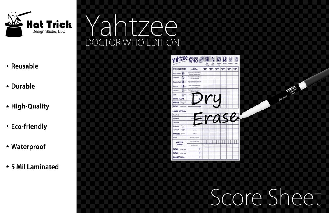 Laminated Yahtzee Doctor Who Edition Score Sheet, Waterproof, Reusable ...