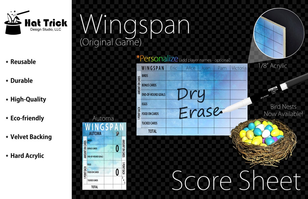 Premium Acrylic Wingspan Score Sheet Upgrade, Reusable, Wet Erase and ...