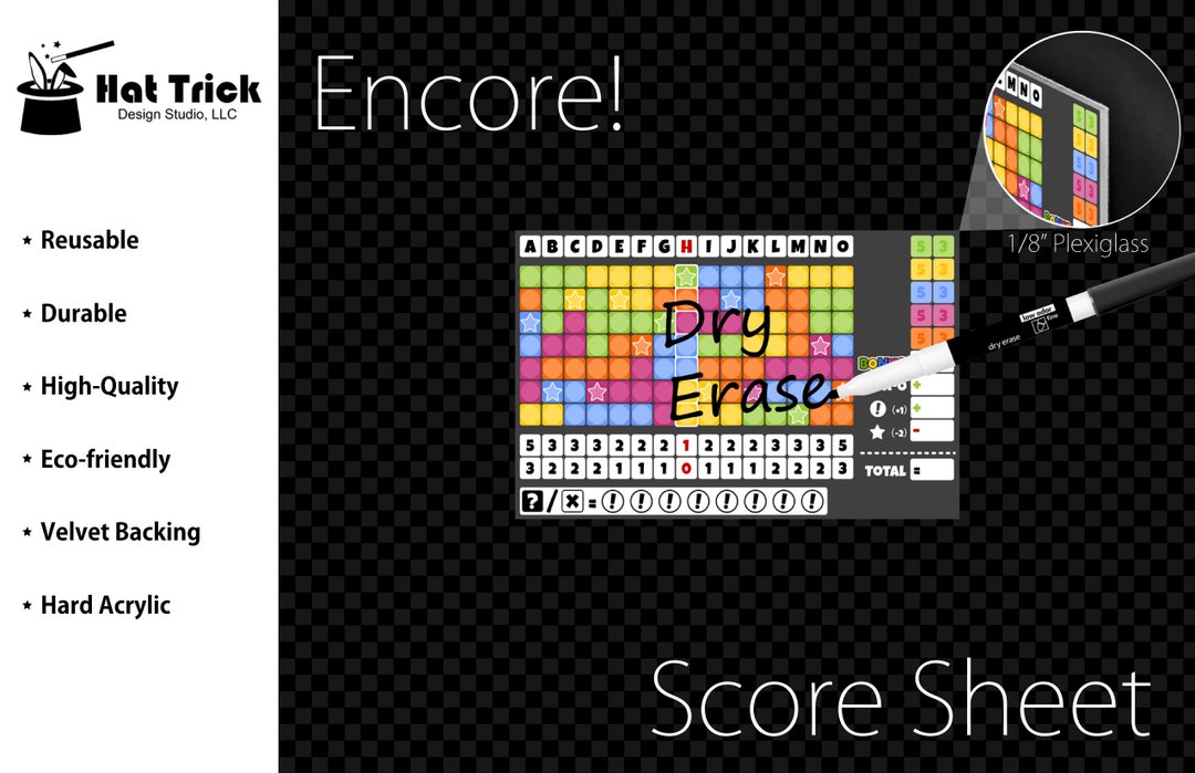 Premium Acrylic Encore! Score Sheet Upgrade, Reusable, Wet Erase and ...