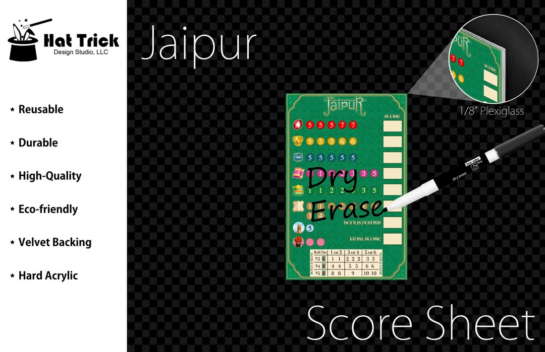 Jaipur Acrylic Score Sheet – Reusable Dry Erase Board Game Score Pad ...