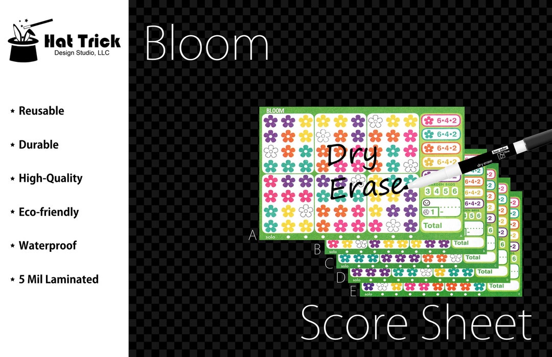 Laminated Bloom Score Sheet, Waterproof, Reusable, Wet Erase and Dry ...