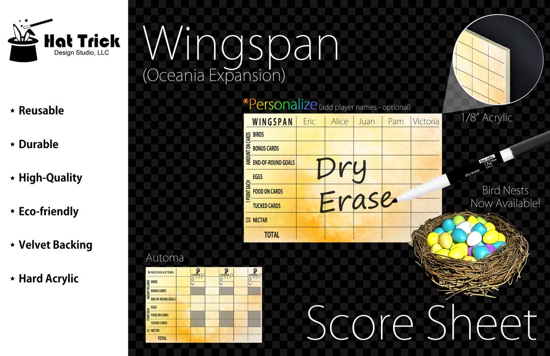 Premium Acrylic Wingspan Score Sheet Upgrade, Reusable, Wet Erase and ...