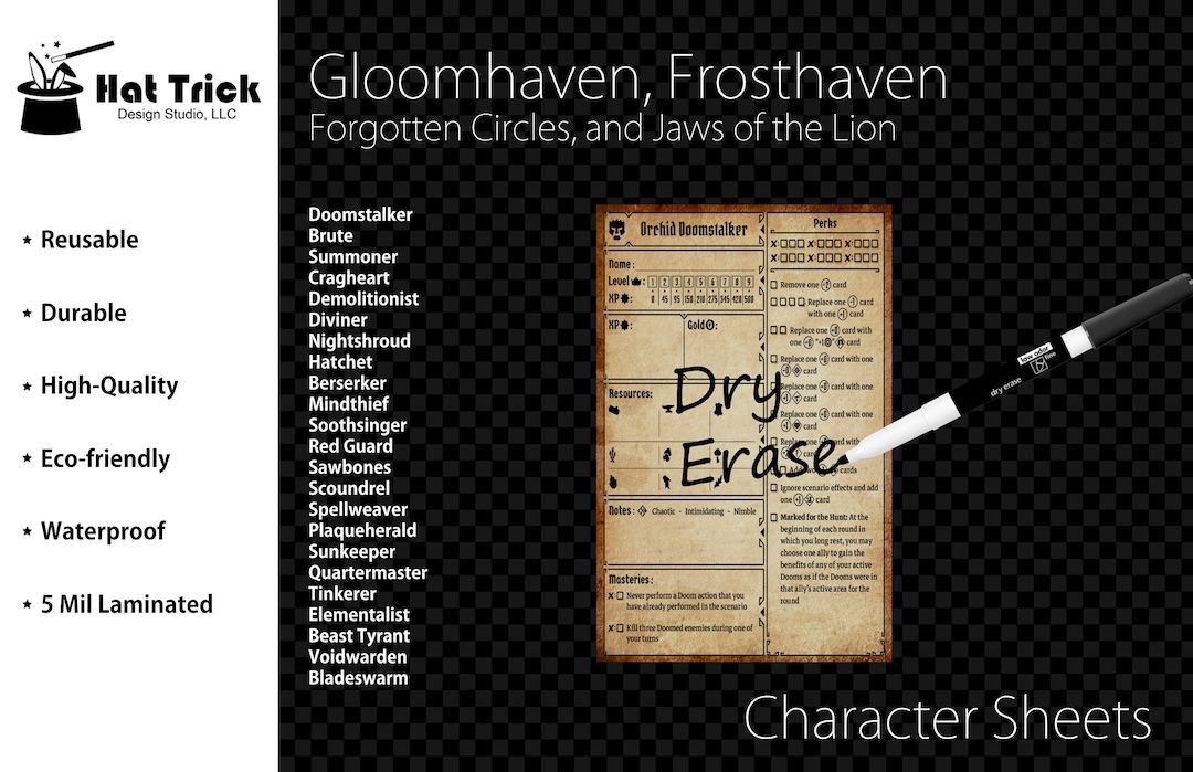 Laminated Gloomhaven Character Sheets, Frosthaven, Forgotten Circles ...