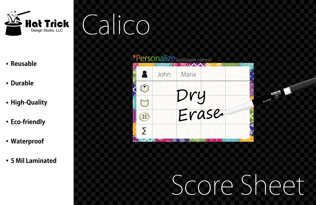 Laminated Calico Score Sheet, Waterproof, Reusable, Wet Erase and Dry ...