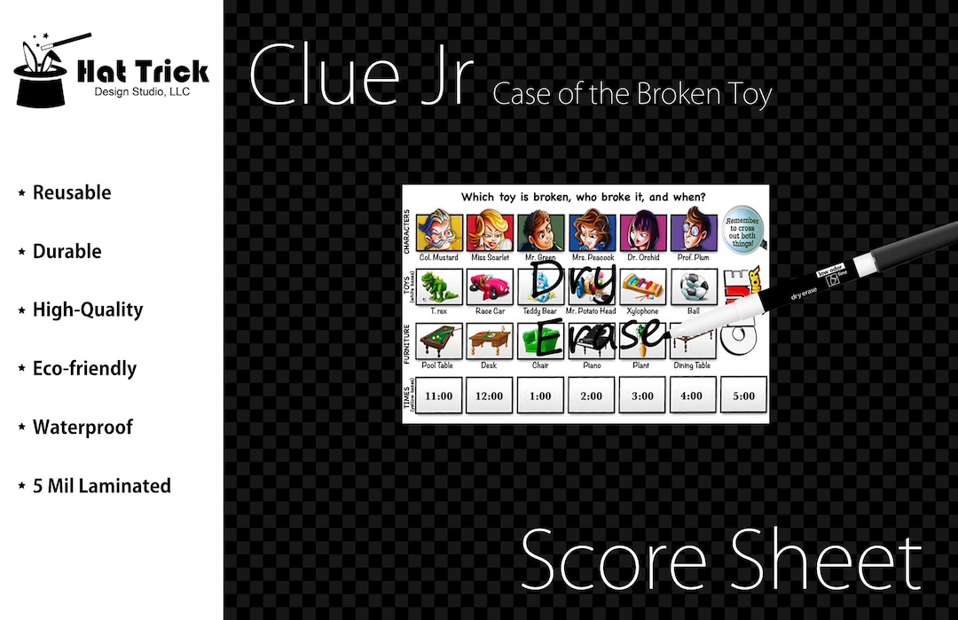 Laminated Clue Jr Case of the Broken Toy Score Sheet, Waterproof ...