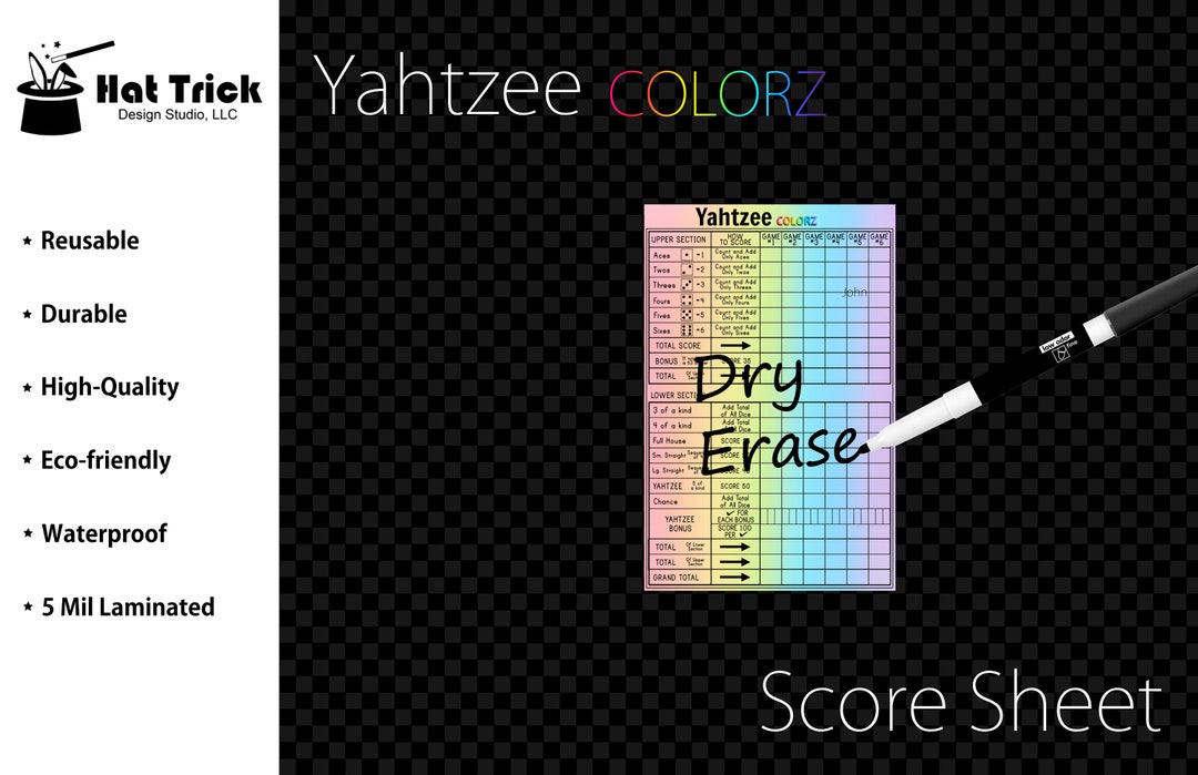 Laminated Yahtzee Colorz Score Sheet, Waterproof, Reusable, Wet Erase ...