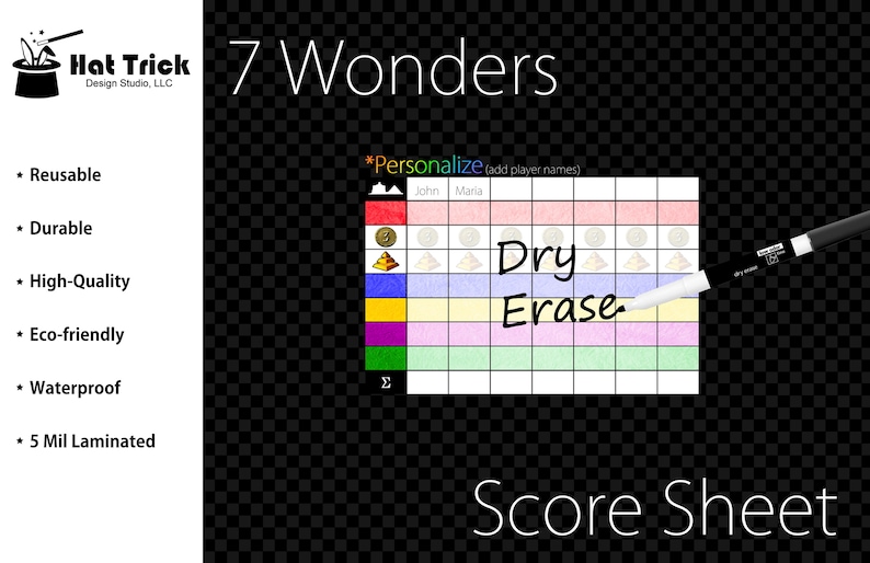 Laminated 7 Wonders Score Sheet, Waterproof, Reusable, Wet Erase and ...