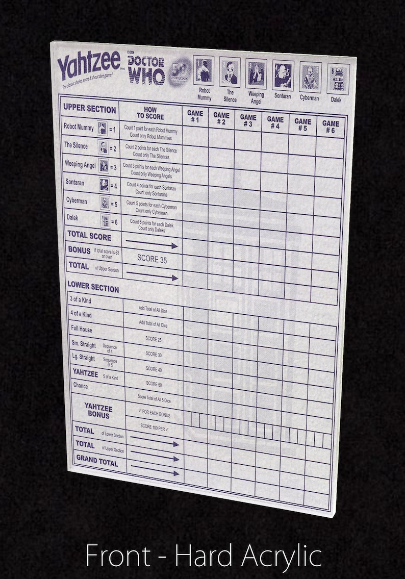 Doctor Who Yahtzee Score Sheet, Premium Acrylic Reusable, Velvet Backed ...