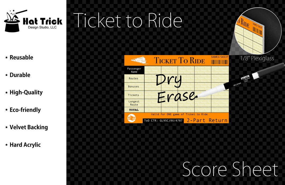 Premium Acrylic Ticket to Ride Score Sheet Upgrade, Reusable, Dry Erase ...