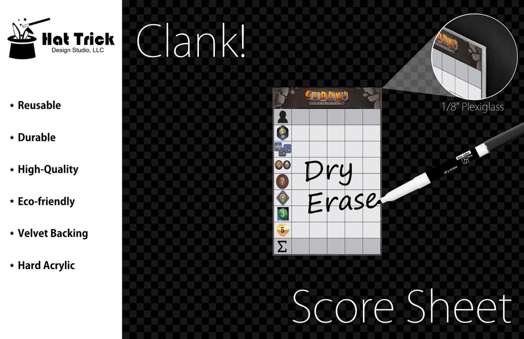Premium Acrylic Clank! Score Sheet Upgrade, Reusable, Wet Erase and Dry ...