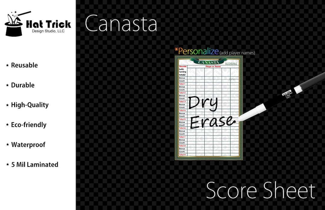 Laminated Canasta Score Sheet, Waterproof, Reusable, Wet Erase and Dry ...