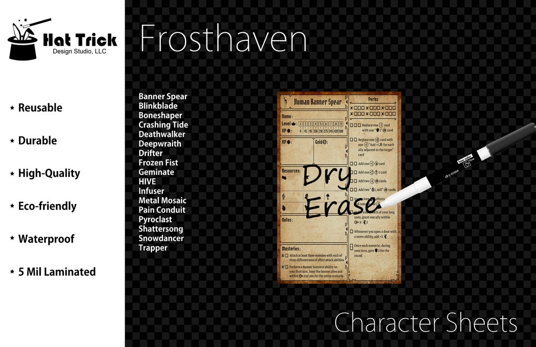 Laminated Frosthaven Character Sheets, Reusable, Wet & Dry Erase - Etsy