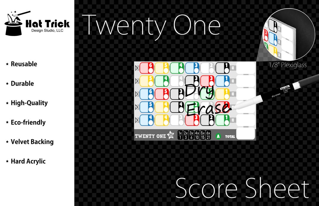 Premium Acrylic Twenty One Score Sheet Upgrade, Reusable, Wet Erase and ...