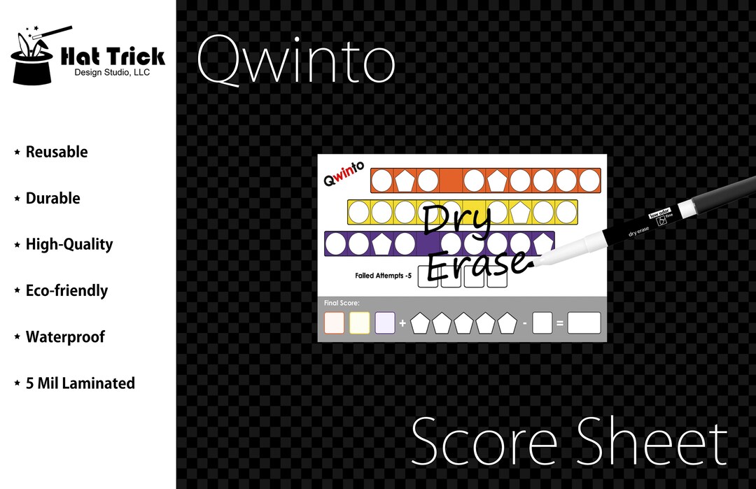 Laminated Qwinto Score Sheet, Waterproof, Reusable, Wet Erase and Dry ...
