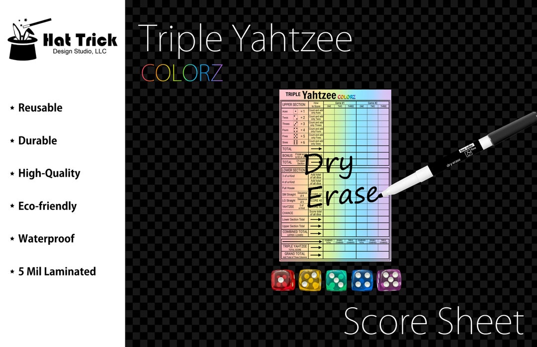 Laminated Triple Yahtzee Colorz Score Sheet, Waterproof, Reusable, Wet ...