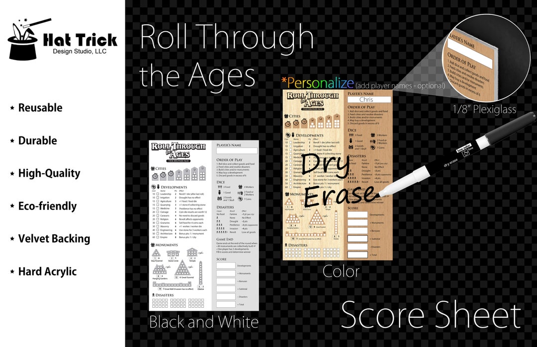 Roll Through the Ages Acrylic Score Sheet, Reusable Dry Erase - Etsy