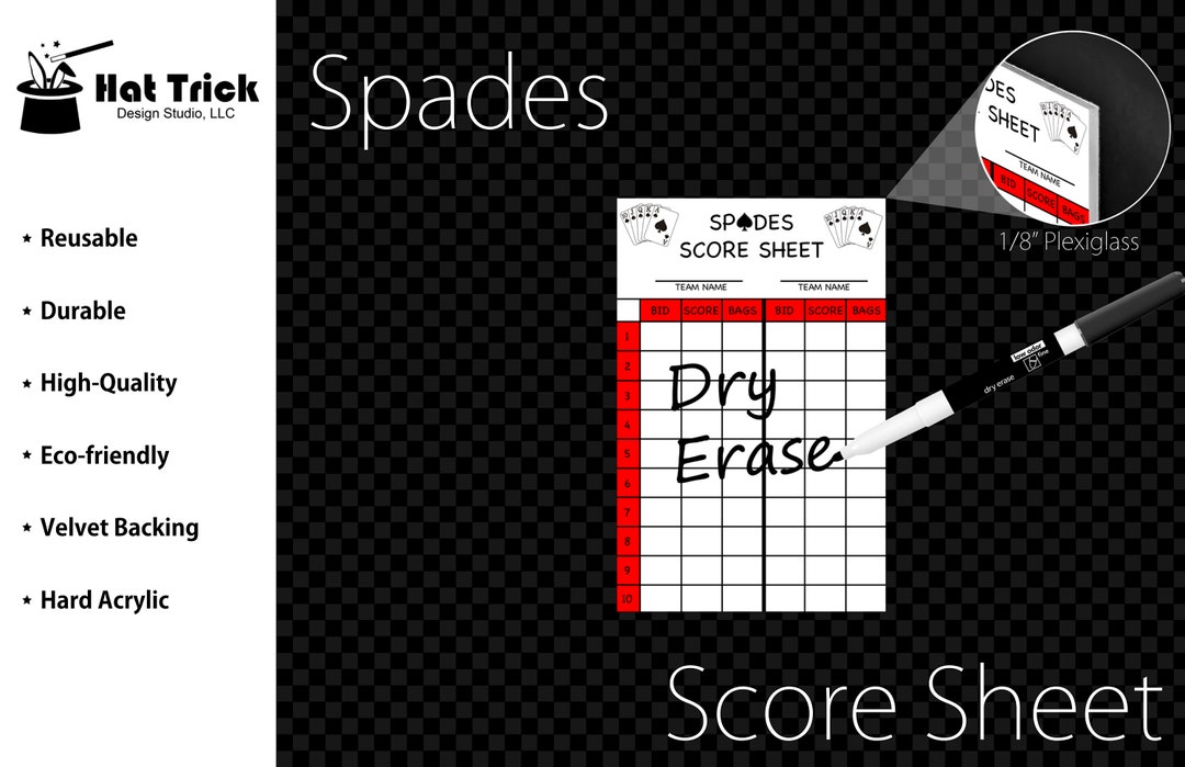 Premium Acrylic Spades Score Sheet Upgrade, Reusable, Wet Erase and Dry ...