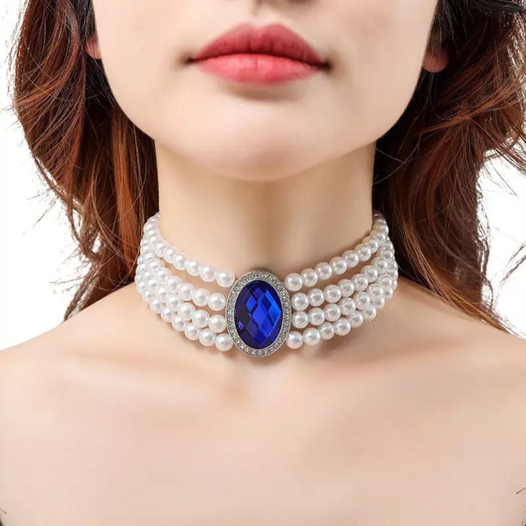 Pearl Choker Princess Di Vintage Style Luxury Choker Blue Stone-necklace Layered Necklace ...