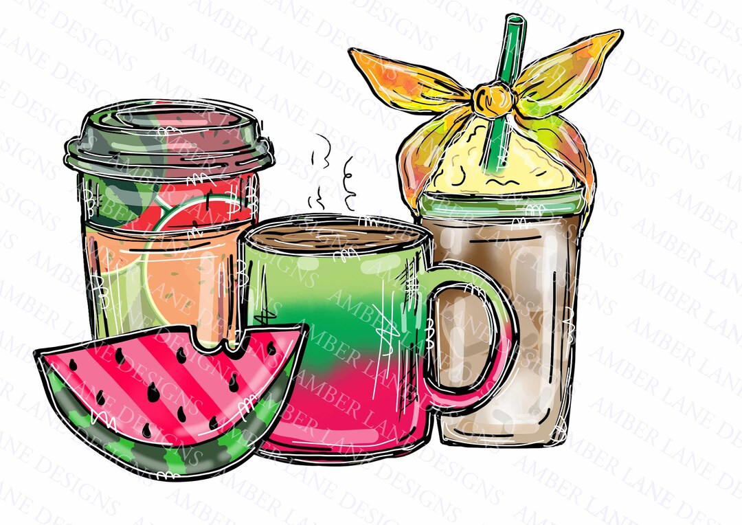 Watermelon Coffee Cups With Bandana Png Doodle File - Etsy