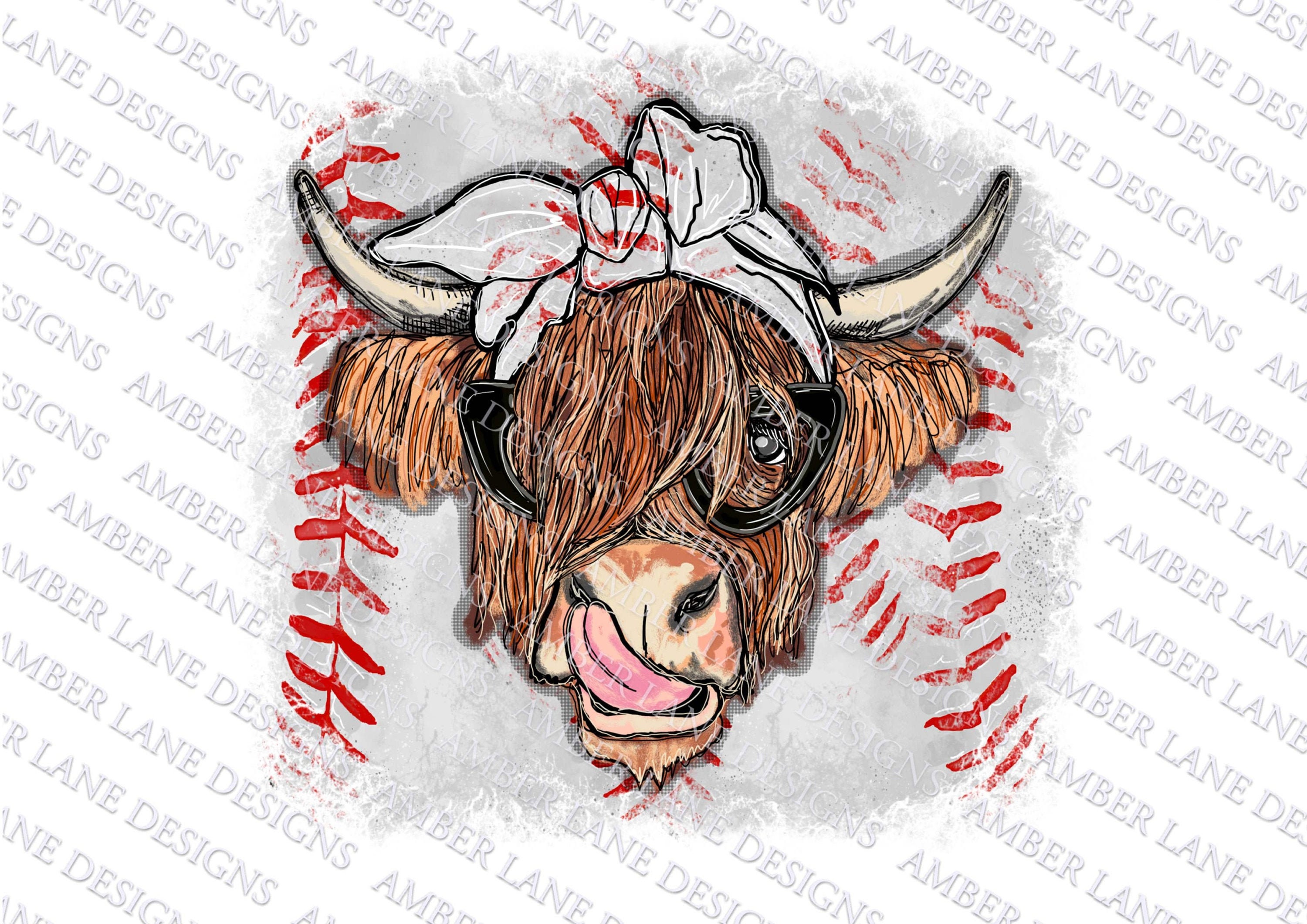 Baseball Highland Cow With Bandana and Glasses PNG Hand - Etsy