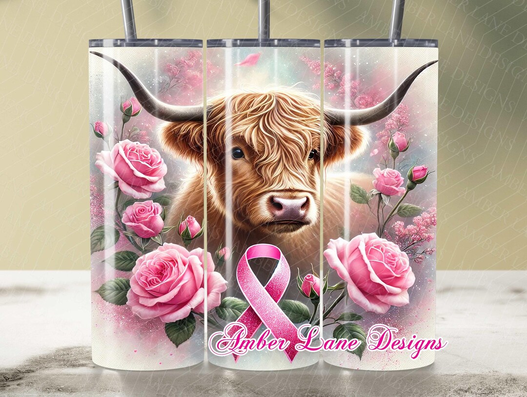 Longhorn Highland Cow Pink Breast Cancer Ribbon With Flowers for ...