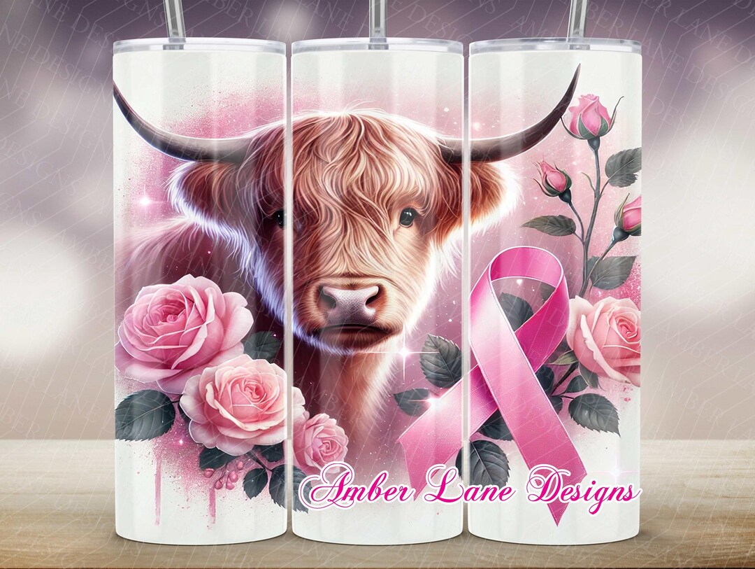 Highland Cow Pink Breast Cancer Ribbon With Flowers for October 20oz ...