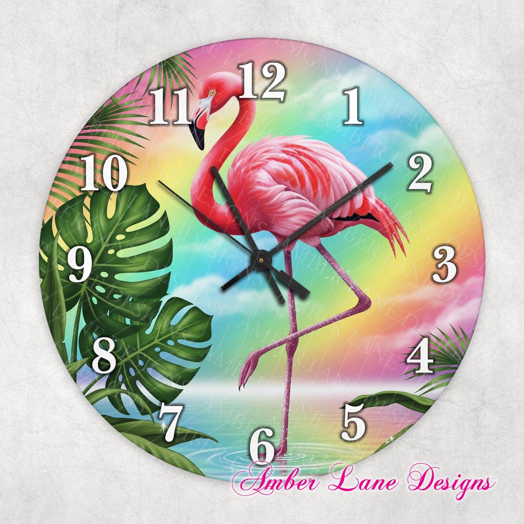 Pink Flamingo With Tropical Leaves Clock Sublimation to Fit 8" X 8" Png ...