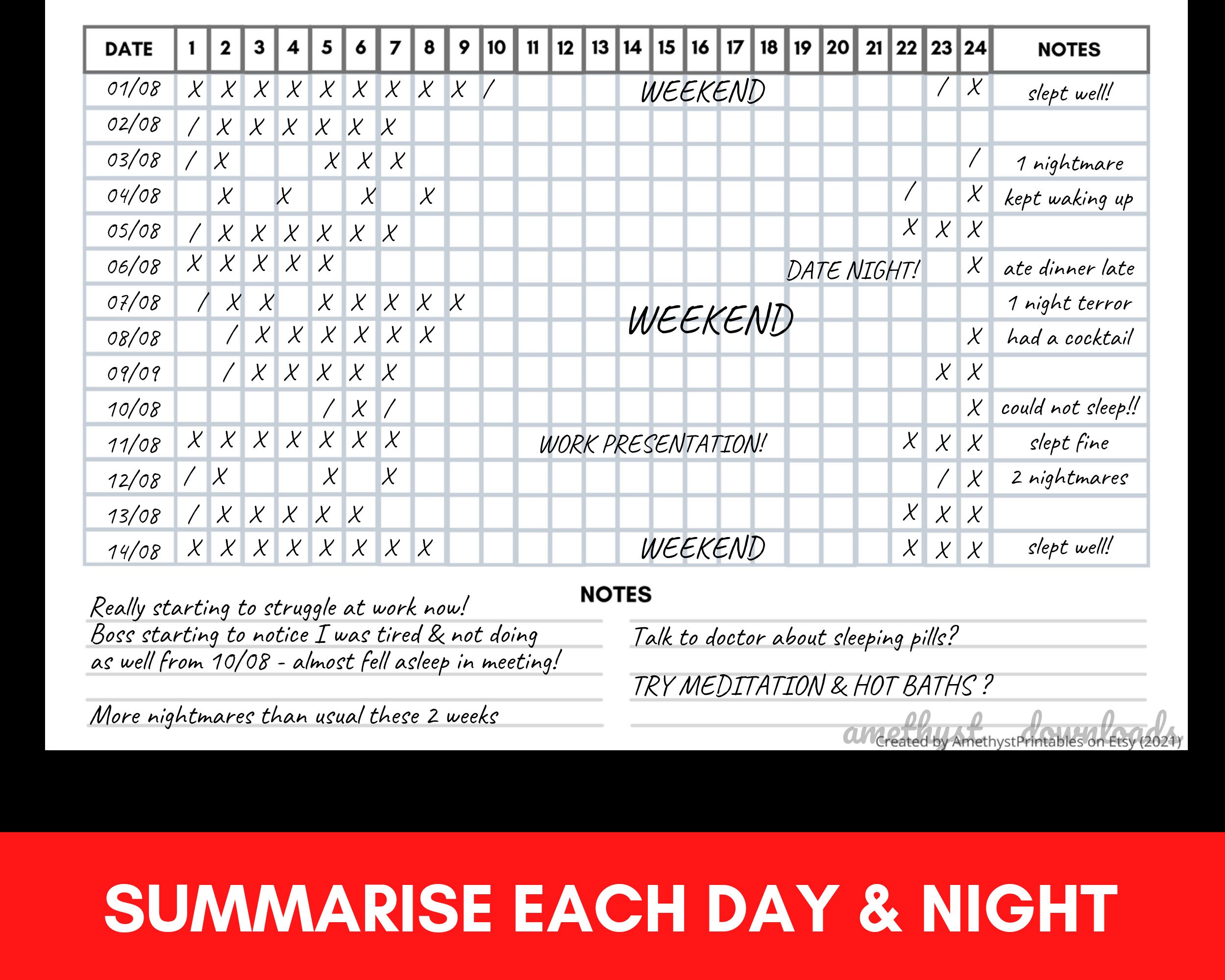 Sleep Diary Printable for Mental Health, Chronic Illness & Insomnia ...