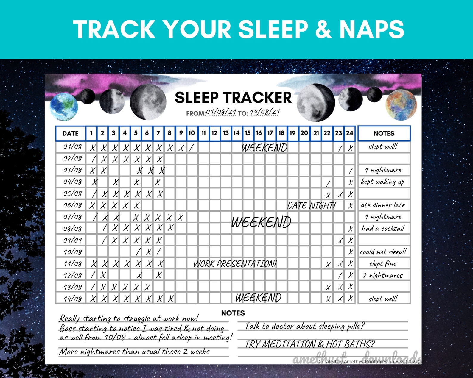 Sleep Diary Printable for Mental Health, Chronic Illness & Insomnia ...