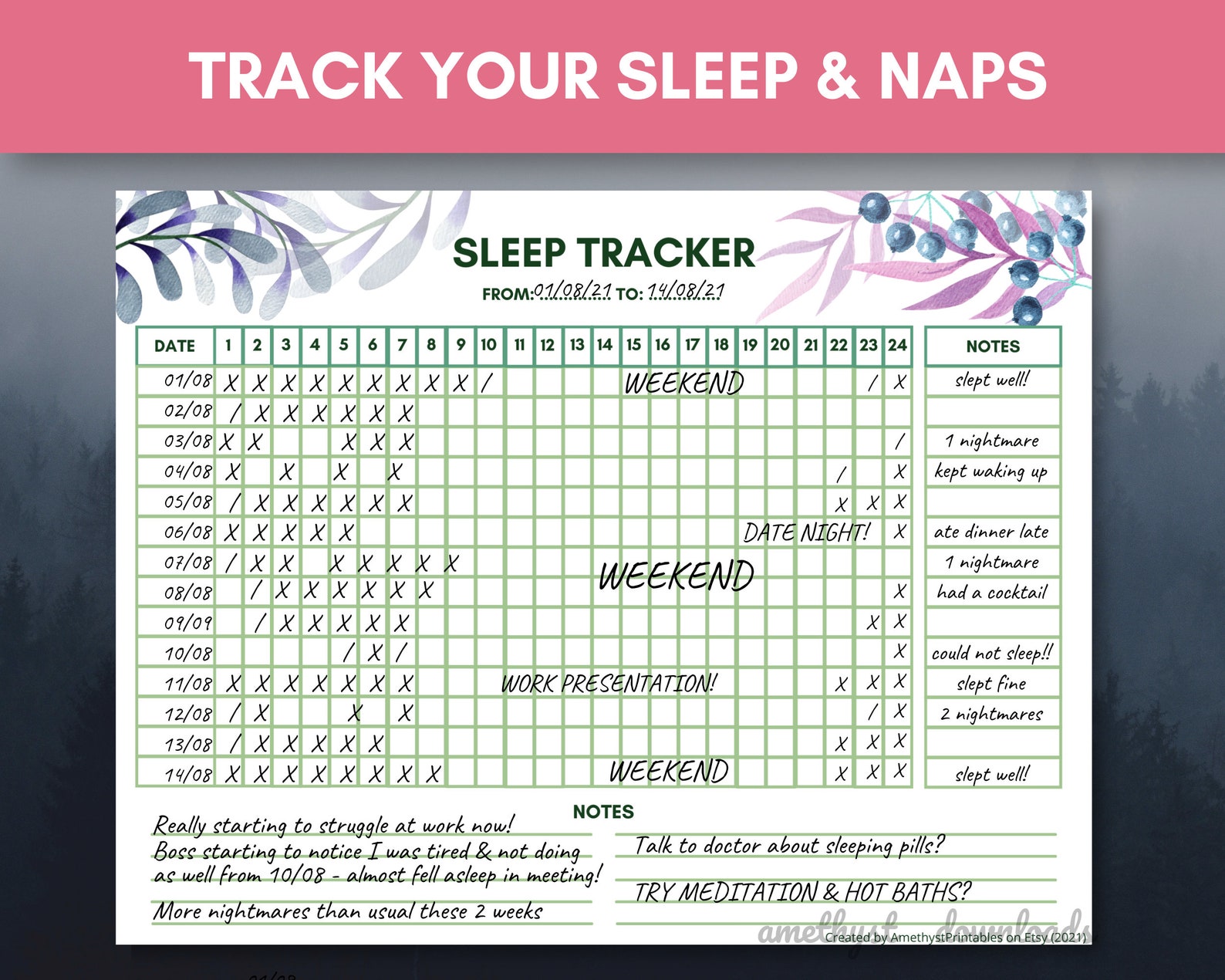 Sleep Diary Printable for Mental Health, Chronic Illness & Insomnia ...
