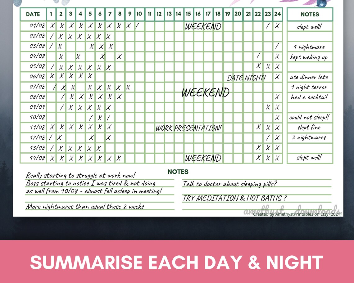 Sleep Diary Printable for Mental Health, Chronic Illness & Insomnia ...