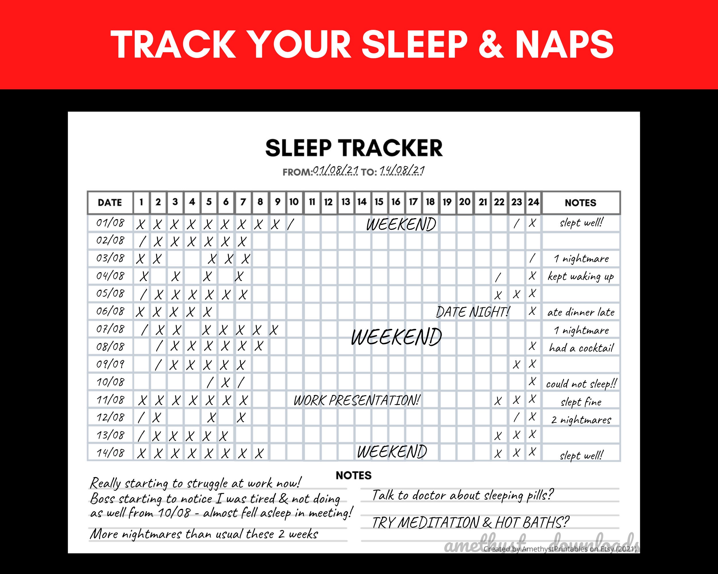 Sleep Diary Printable for Mental Health, Chronic Illness & Insomnia ...