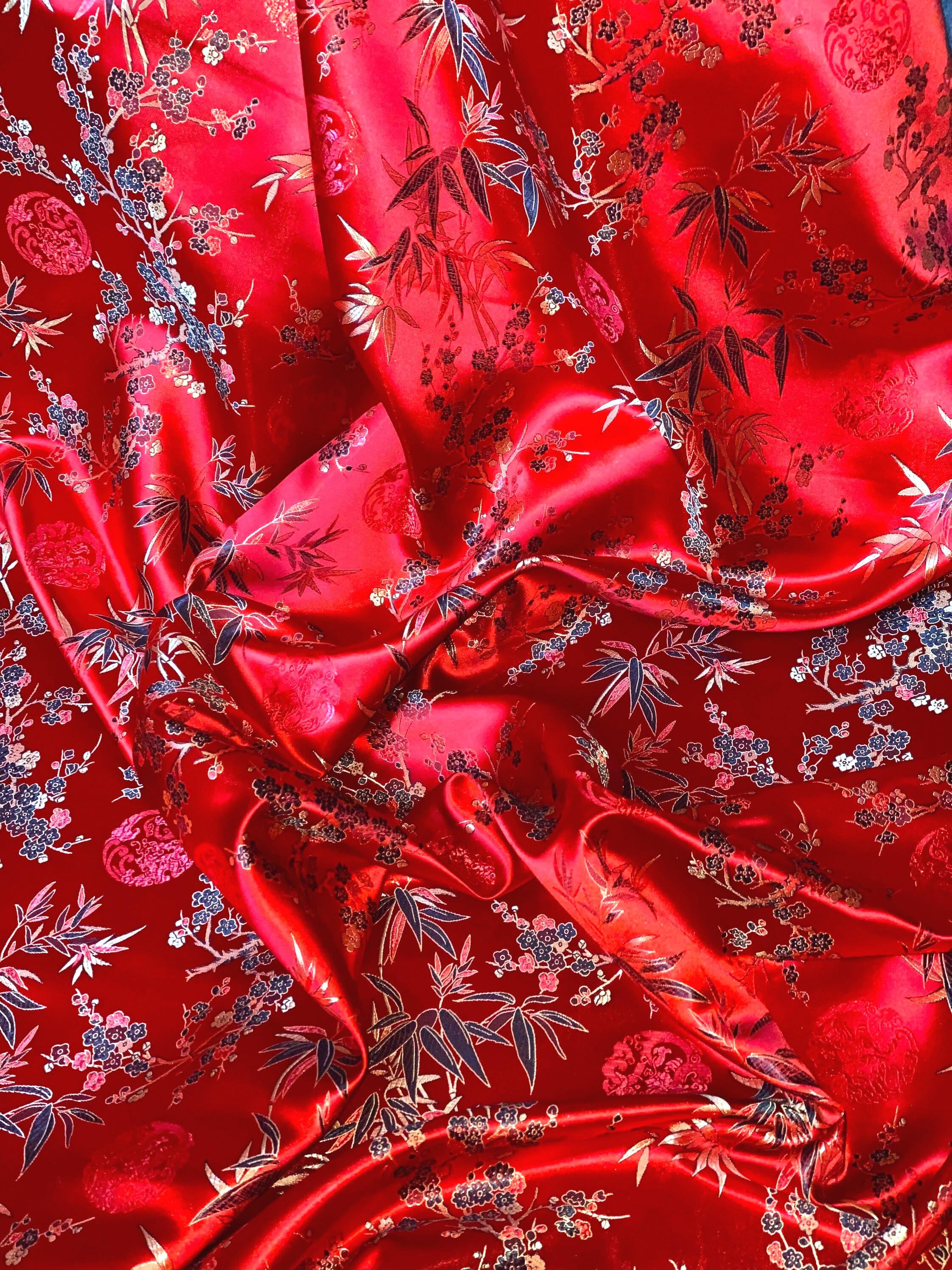 Satin Red Brocade Fabric With Chinese Floral Print 47” Wide Price 1 ...