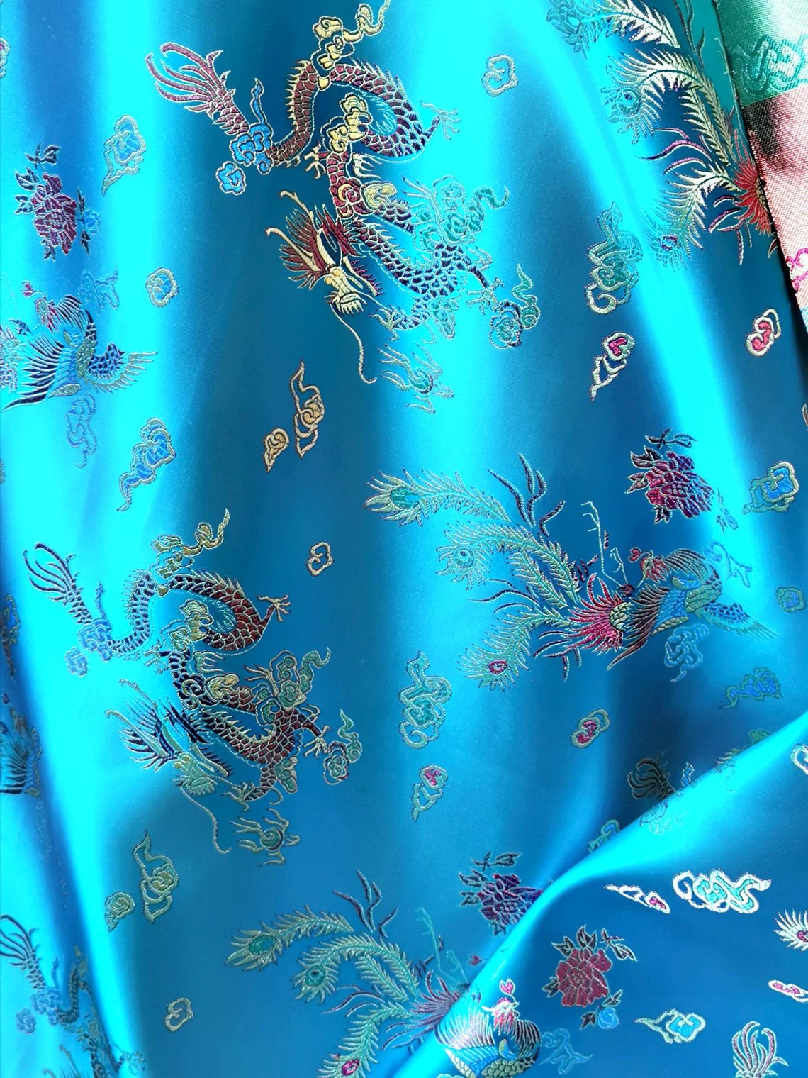 Turquoise Brocade Fabric With Chinese Gold Dragon Print 46 Inch Wide ...