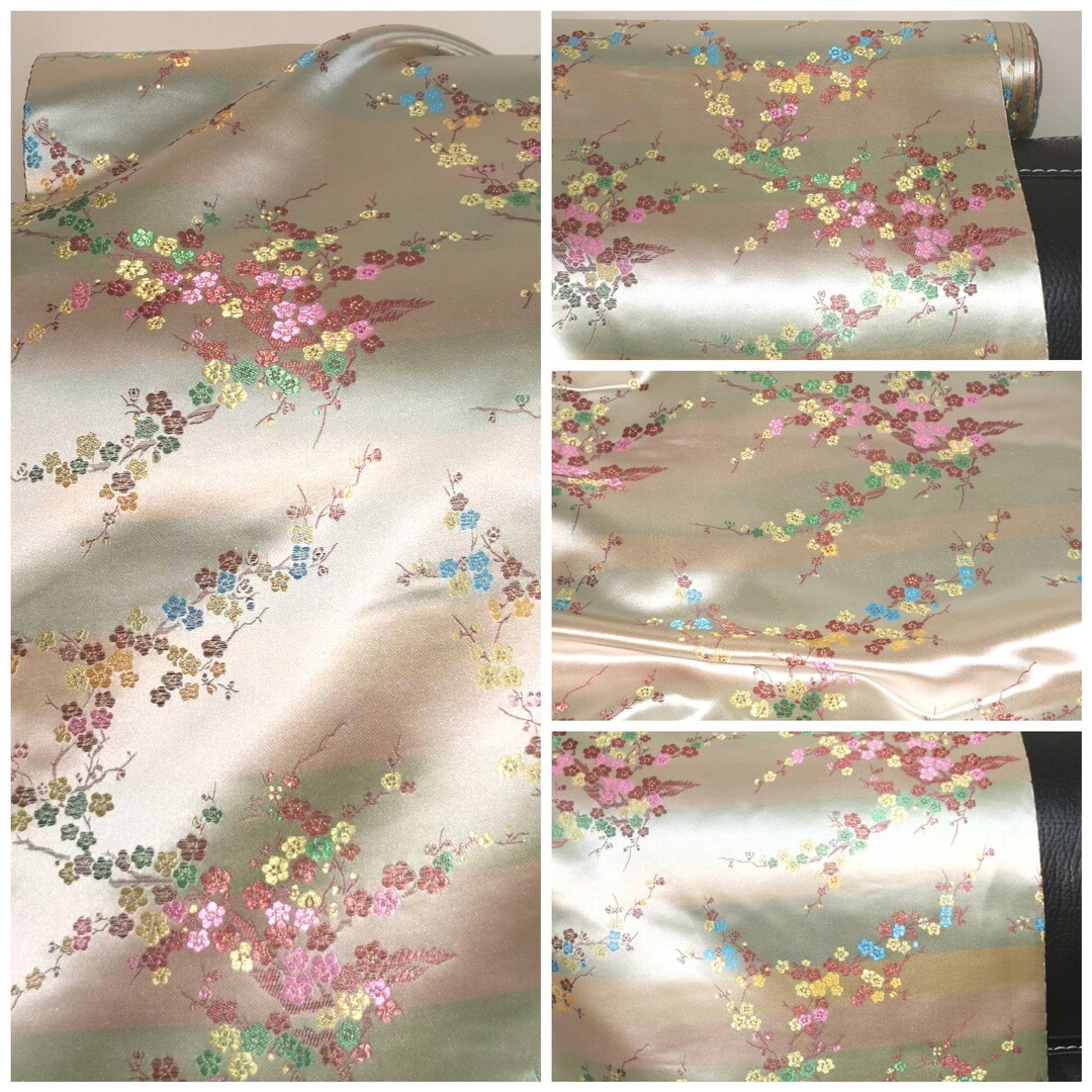 Light Beige Gold Multicolour Blossom Embroidered Silky Satin Chinese ...