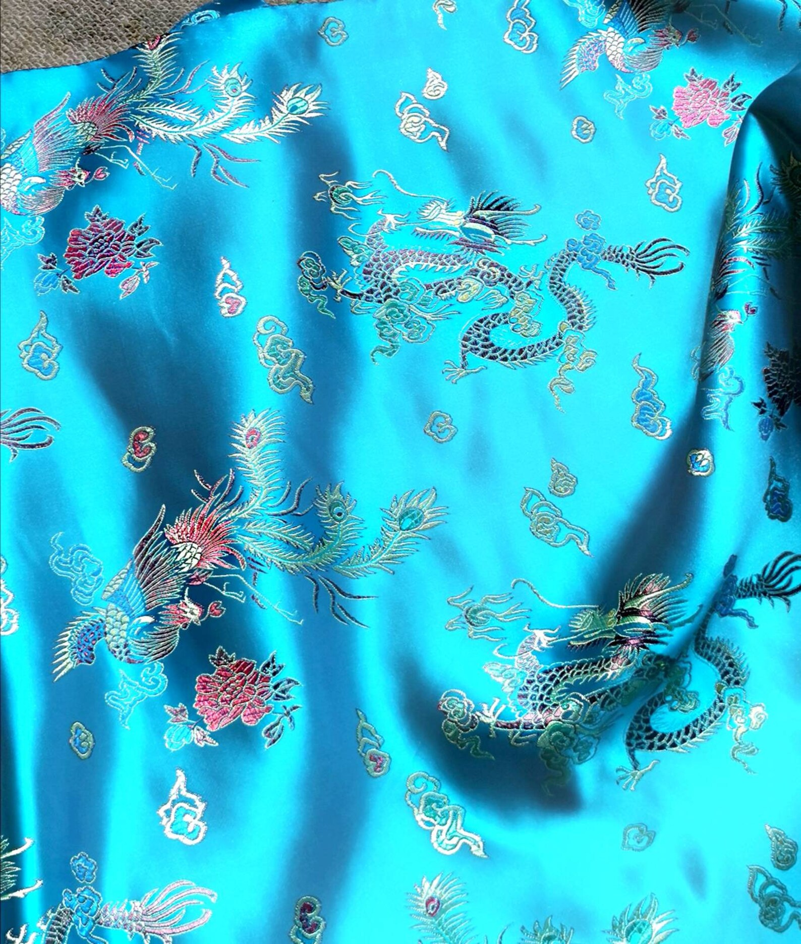 Turquoise Brocade Fabric With Chinese Gold Dragon Print 46 Inch Wide ...