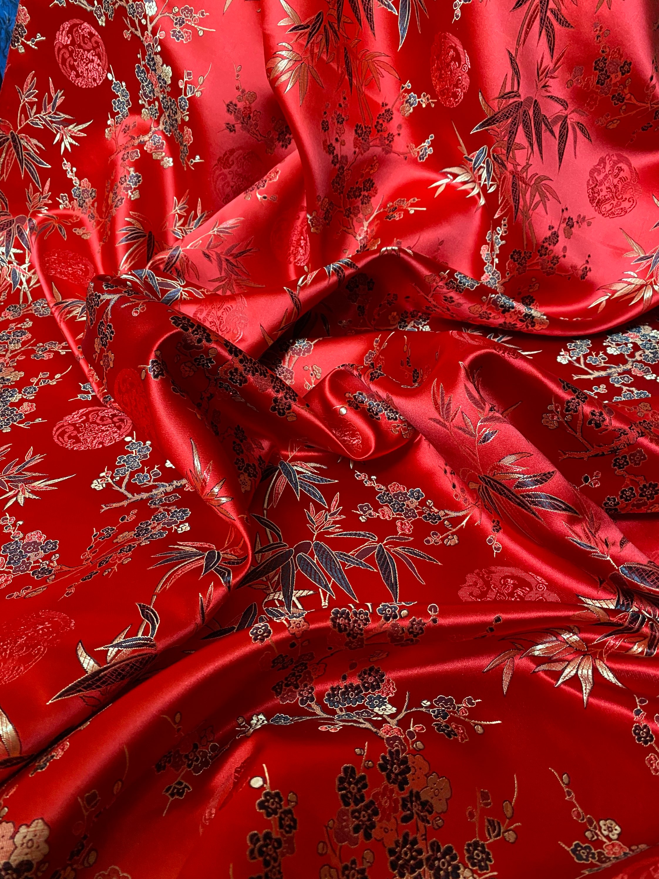 Satin Red Brocade Fabric With Chinese Floral Print 47” Wide Price 1 ...
